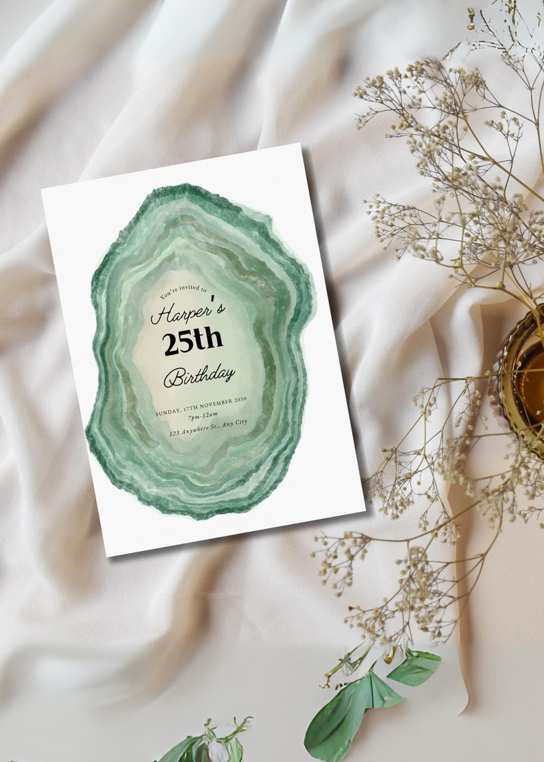EDITABLE Emerald Green Agate Birthday Invitation, Special Crystal ...
