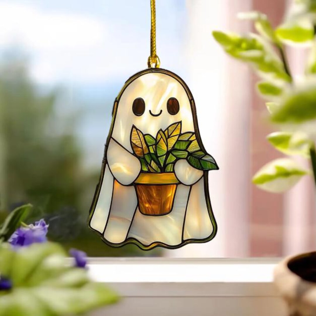 Cute Ghost Plant Suncatcher, Ghost and Monstera Acrylic Window Hanging ...