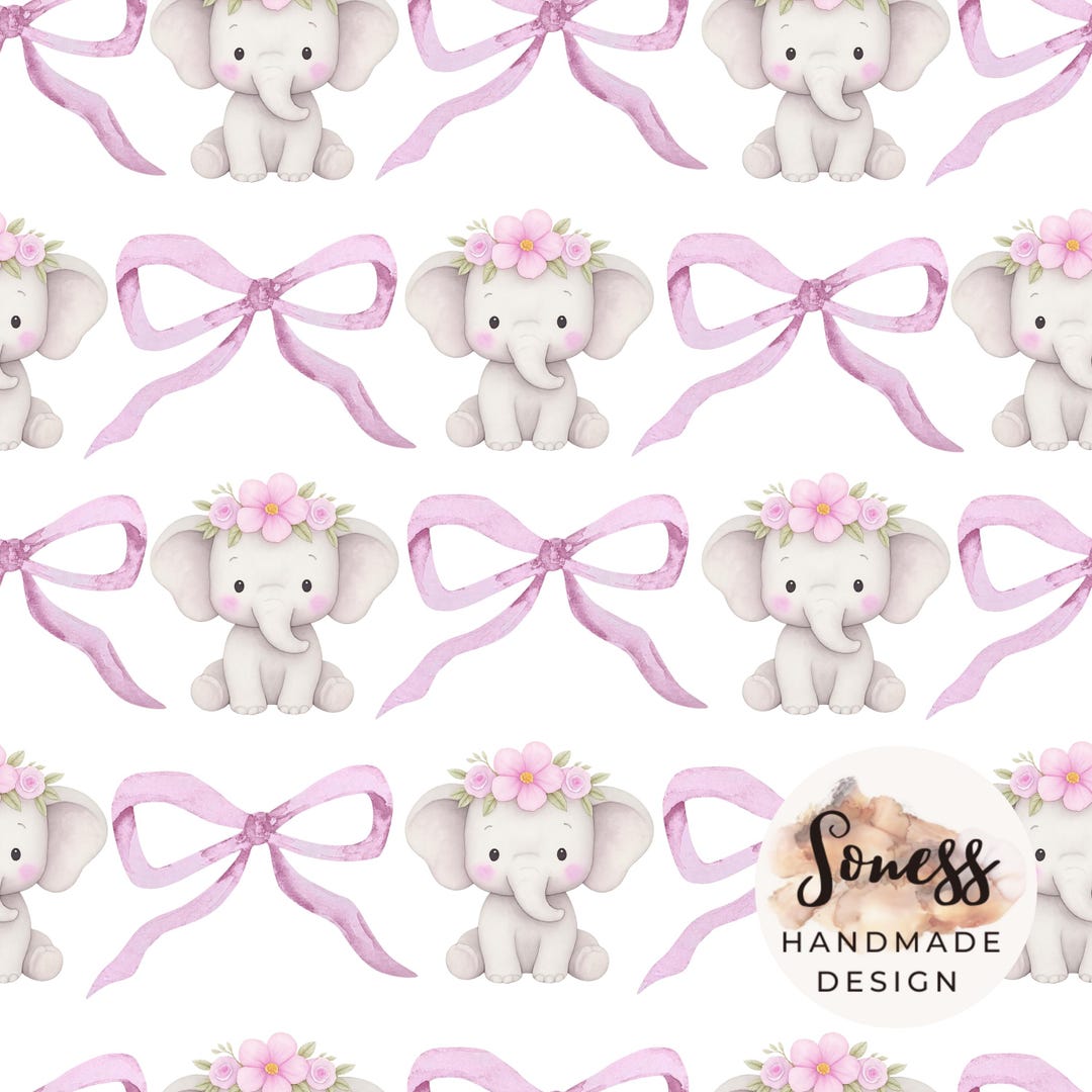 Purple Elephant & Bow Seamless Pattern, Cute Baby Elephant Floral ...