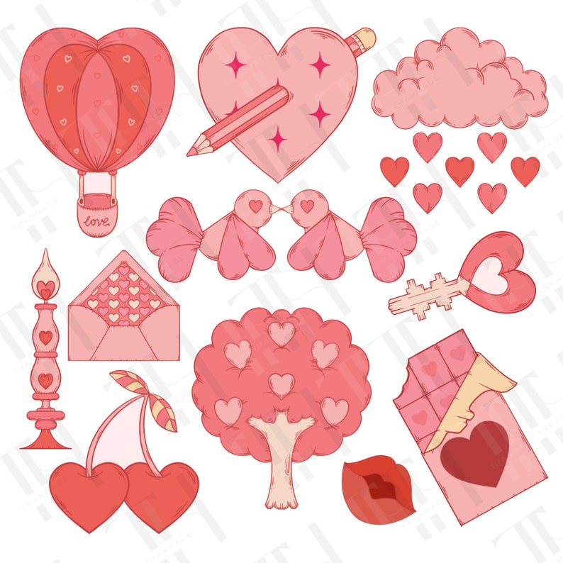 Valentines Digital Clipart, Heart, Pink, Red, Hand Drawing, Tamee ...
