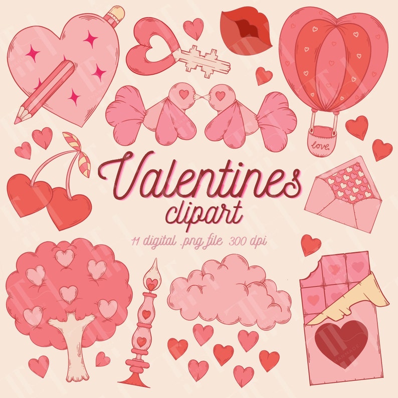 Valentines Digital Clipart, Heart, Pink, Red, Hand Drawing, Tamee ...