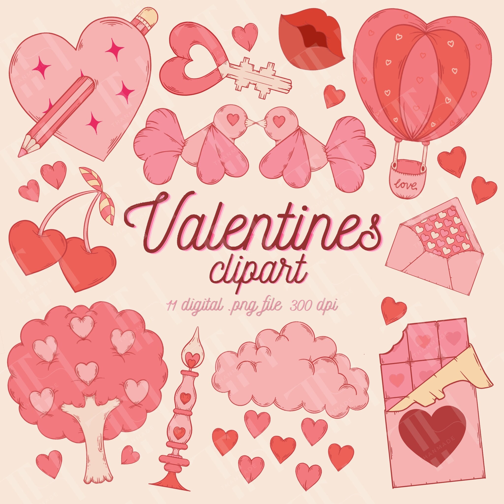 Valentines Digital Clipart, Heart, Pink, Red, Hand Drawing, Tamee ...