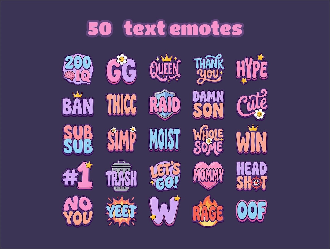 50 Text Emotes for Twitch Discord Kick, Cute Pastel Bubble Font ...