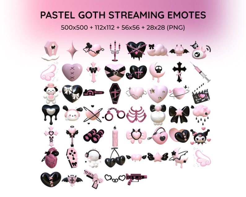 Pastel Goth Streaming Emotes Pack | Kawaii Dark 3D Twitch Discord ...
