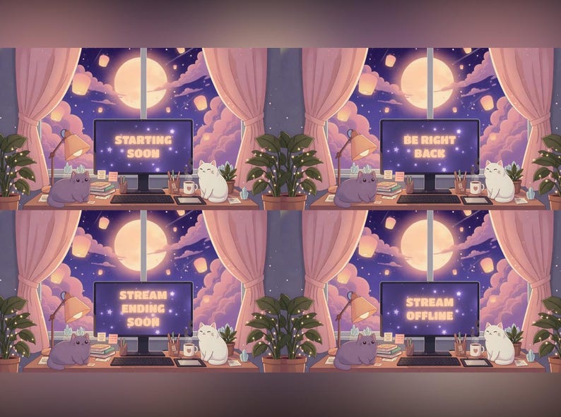 Cozy Streaming Overlay Animated Cats Moon Twitch Discord Starting Soon ...