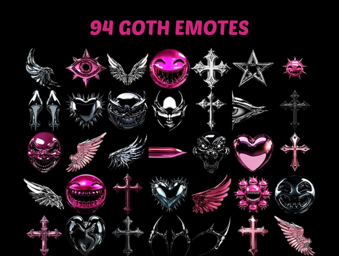 94 Goth Emotes Pack for Twitch Discord Kick, Cyber Y2K Chrome Pink ...