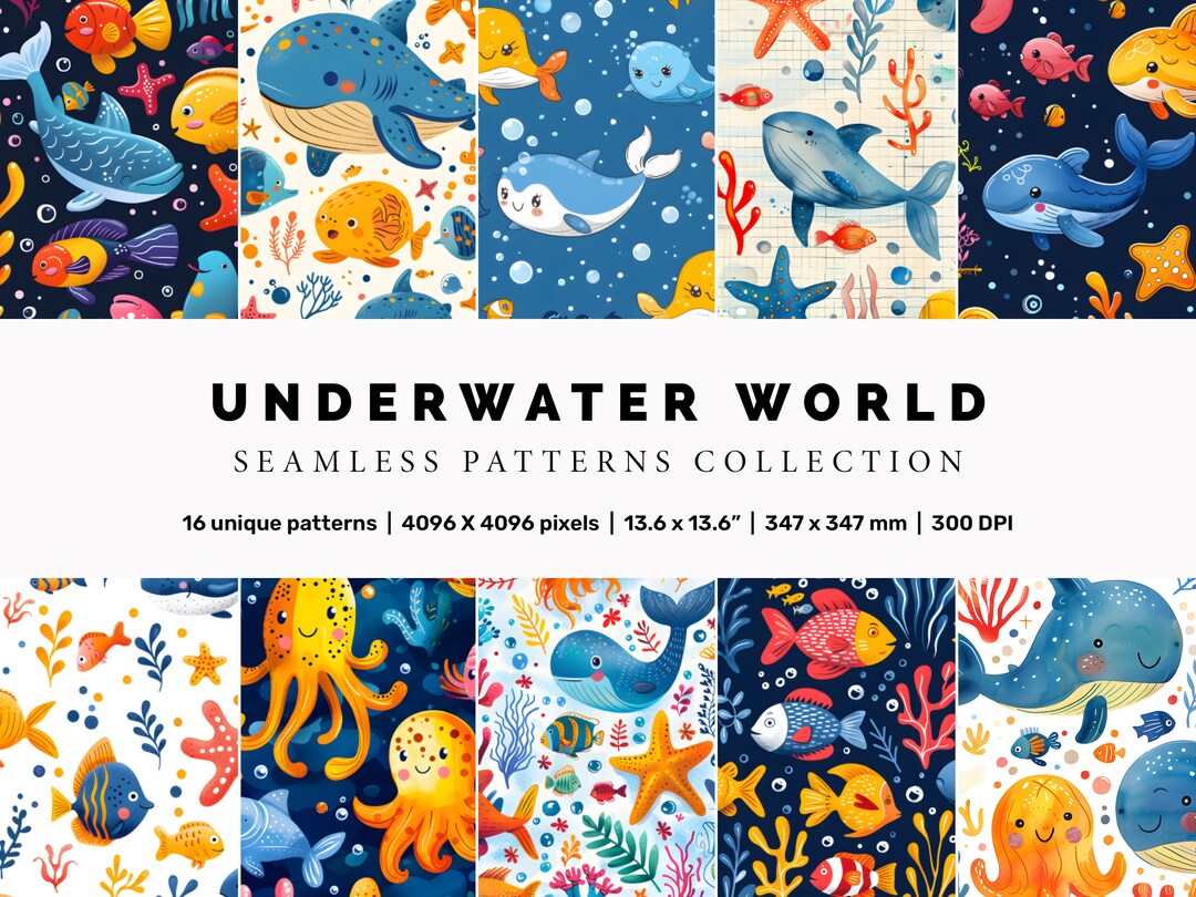 Underwater World. Seamless Patterns Collection. Colorful Kids Drawing ...