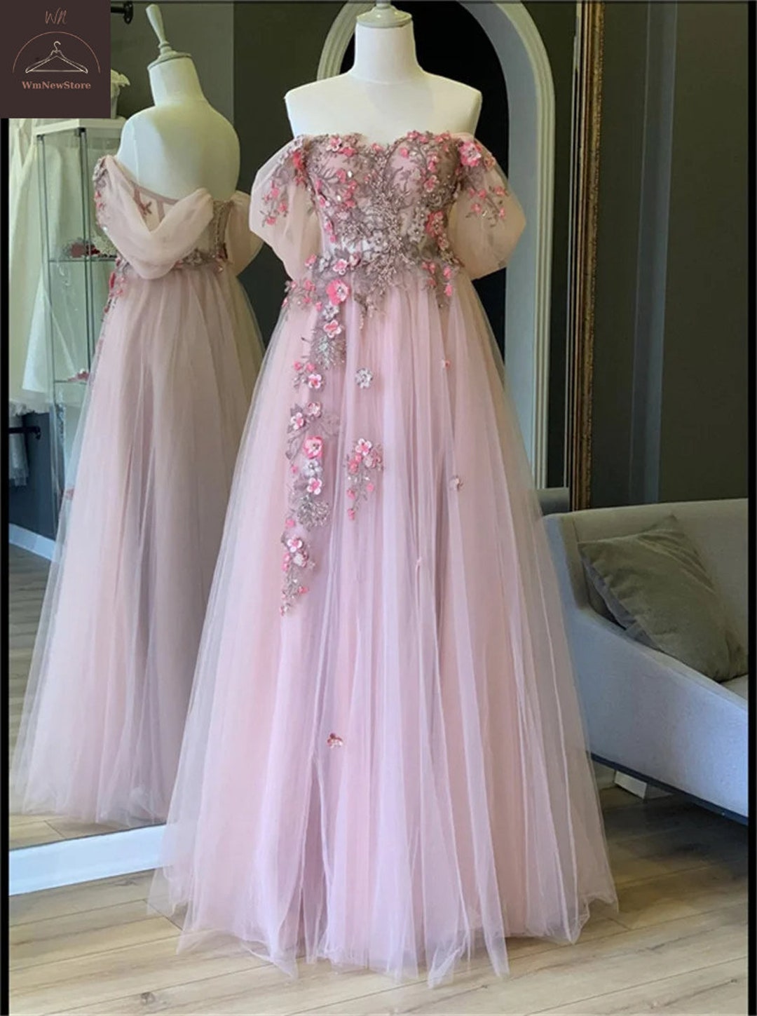 Pink Fantasy Ball Gown,floral Prom Dress, Fairytale Prom Dress, Corset ...