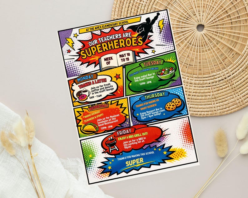 Teacher Appreciation Week Schedule, Superhero Comic Style, Editable ...