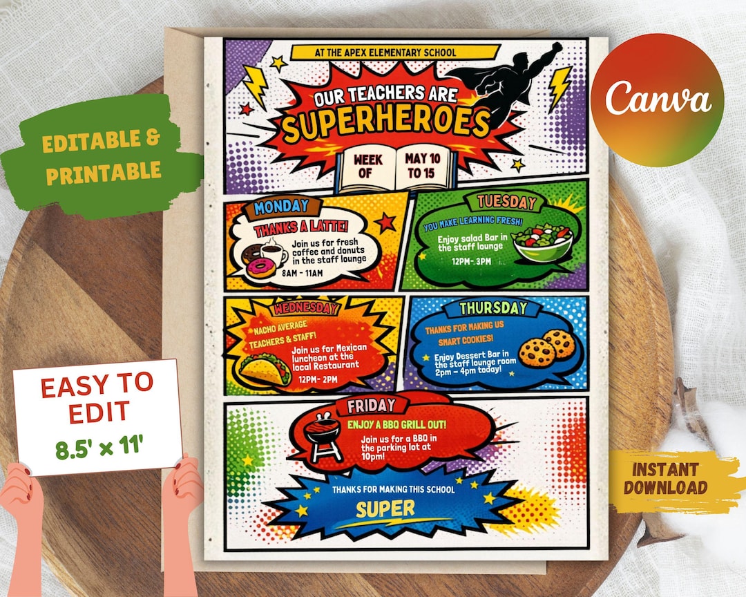 Teacher Appreciation Week Schedule, Superhero Comic Style, Editable ...