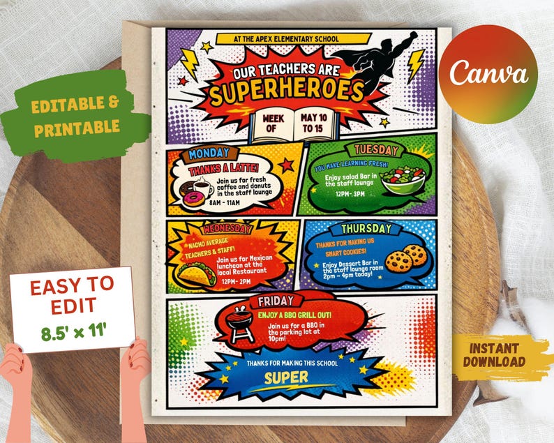 Teacher Appreciation Week Schedule, Superhero Comic Style, Editable ...
