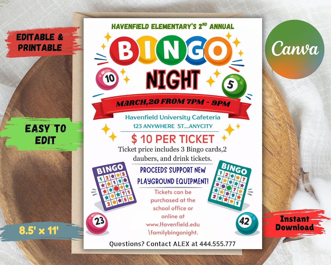 Editable Bingo Night Flyer Template: School Fundraiser Invite (8.5x11 ...