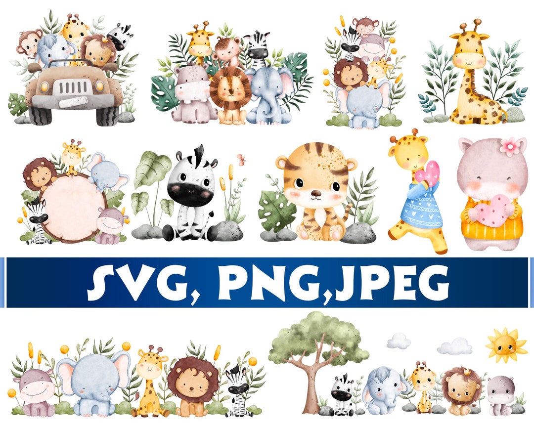 Watercolor Safari Animals Clipart: Baby Shower PNG SVG (digital ...