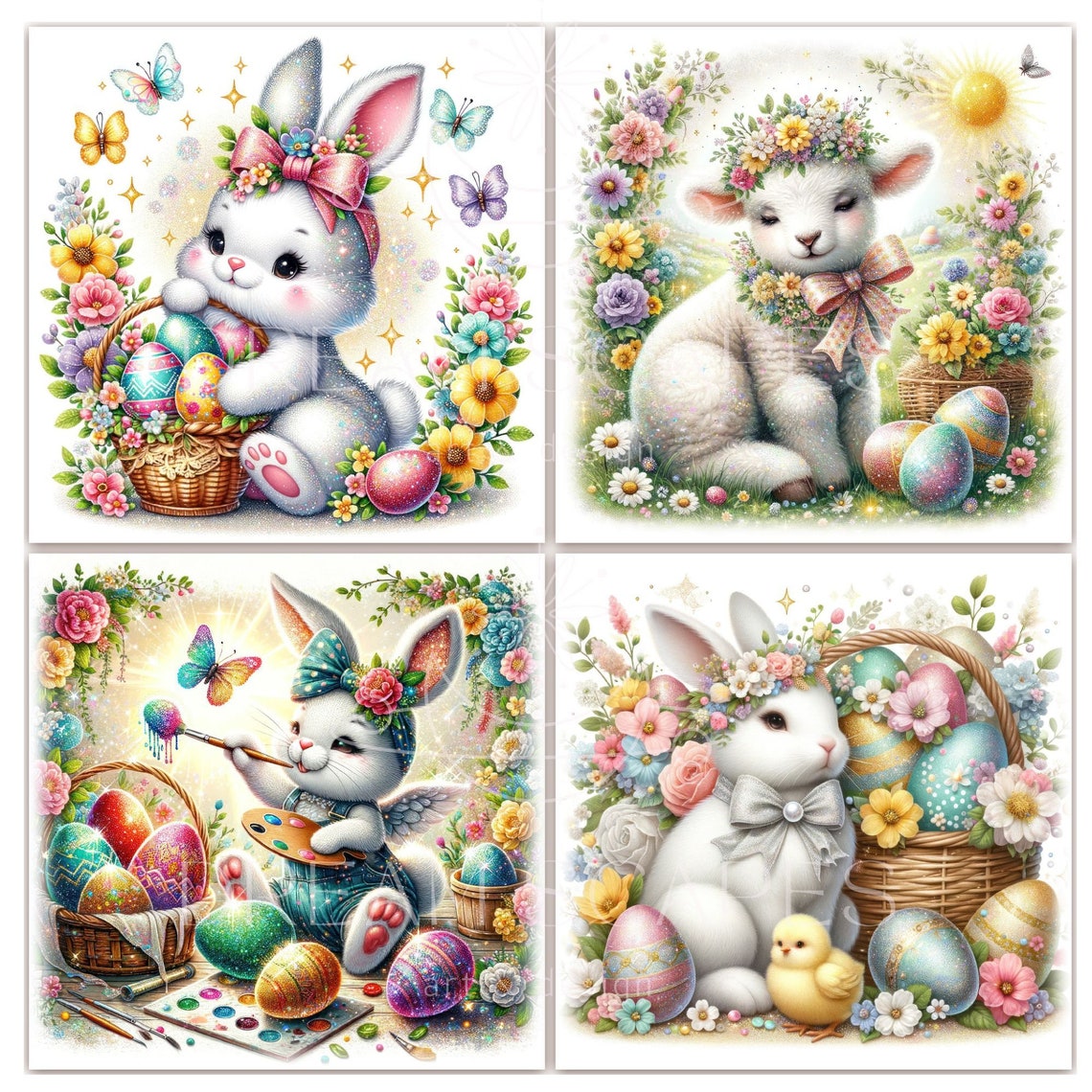 16 Watercolor Easter Sparkling Jpgs, Bunny, Lamb, Chick, Spring Decor ...