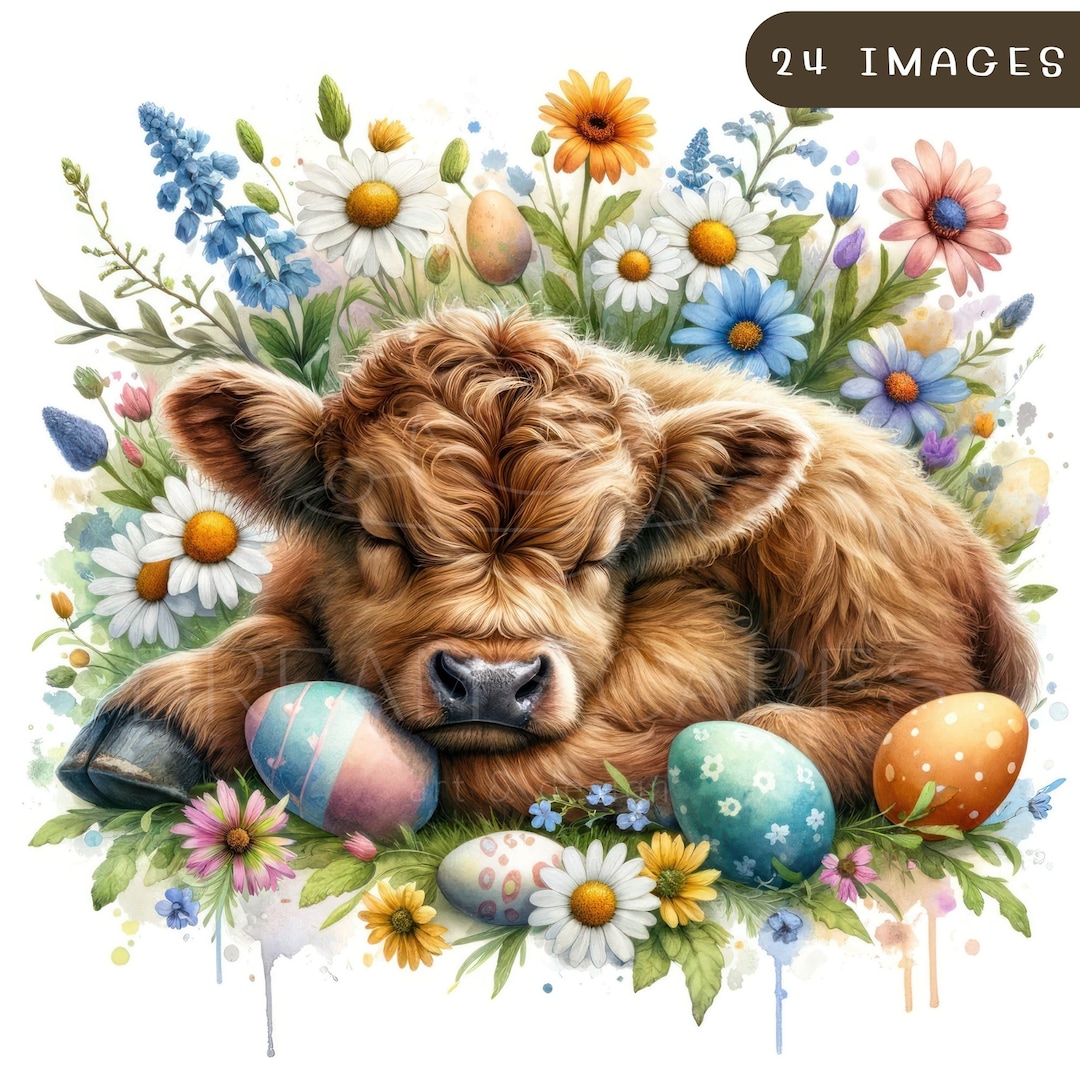 Watercolor Easter Highland Cow Collection Clipart, 24 JPG Spring ...