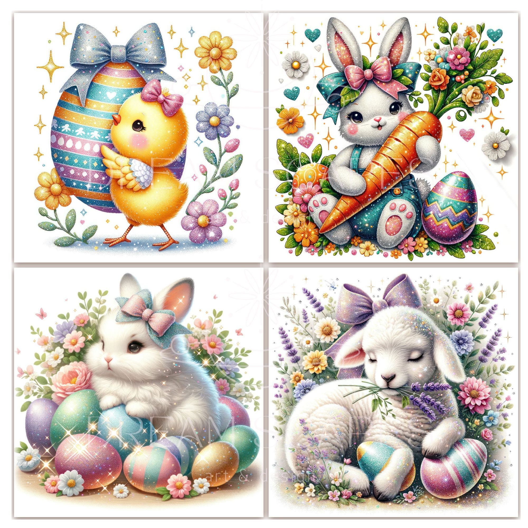 16 Watercolor Easter Sparkling Jpgs, Bunny, Lamb, Chick, Spring Decor ...