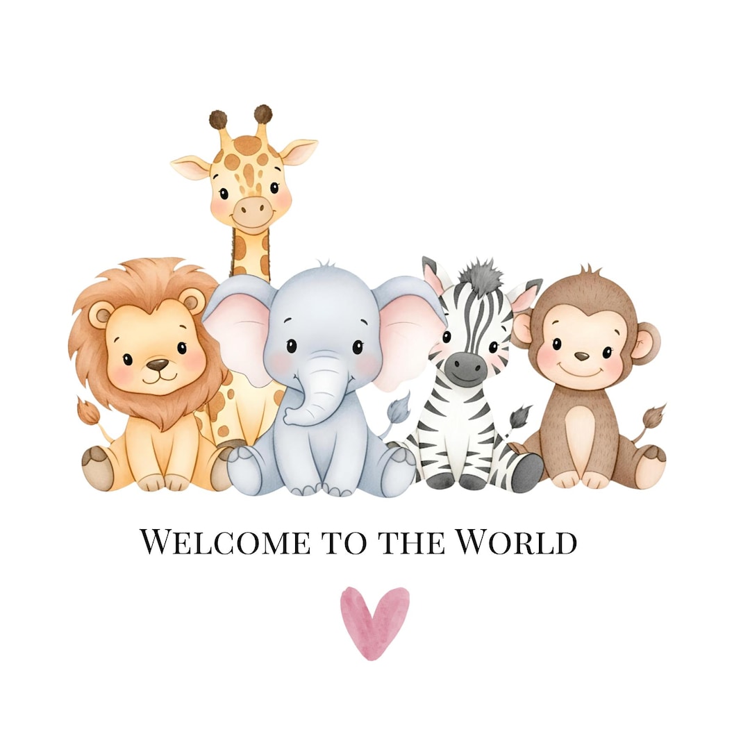Birth Announcement Card With Safari Animals and Name, Baby ...