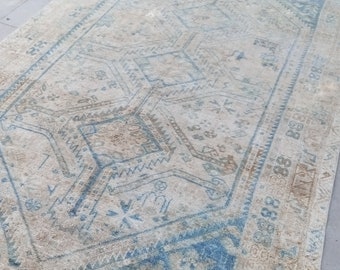 6x8 Beige Blue Turkish Rug, Handmade Vintage Natural Wool Rug, 6x8 ...