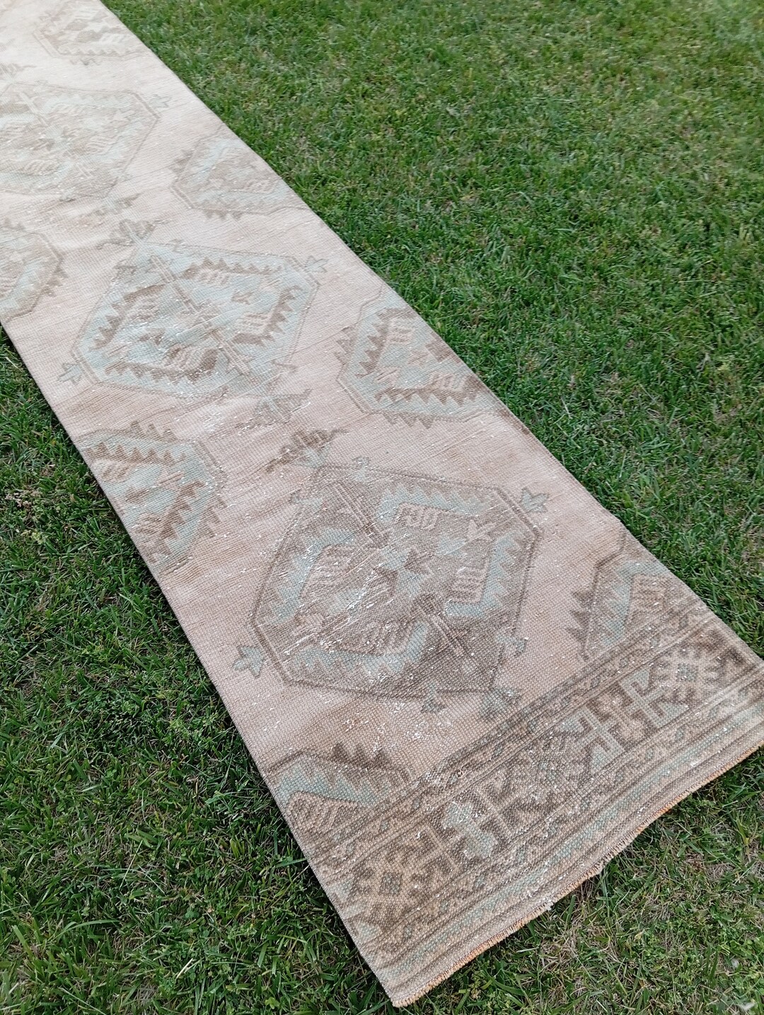 2x21 Beige Green Brown Turkish Handmade Runner, Oushak Neutral Vintage ...