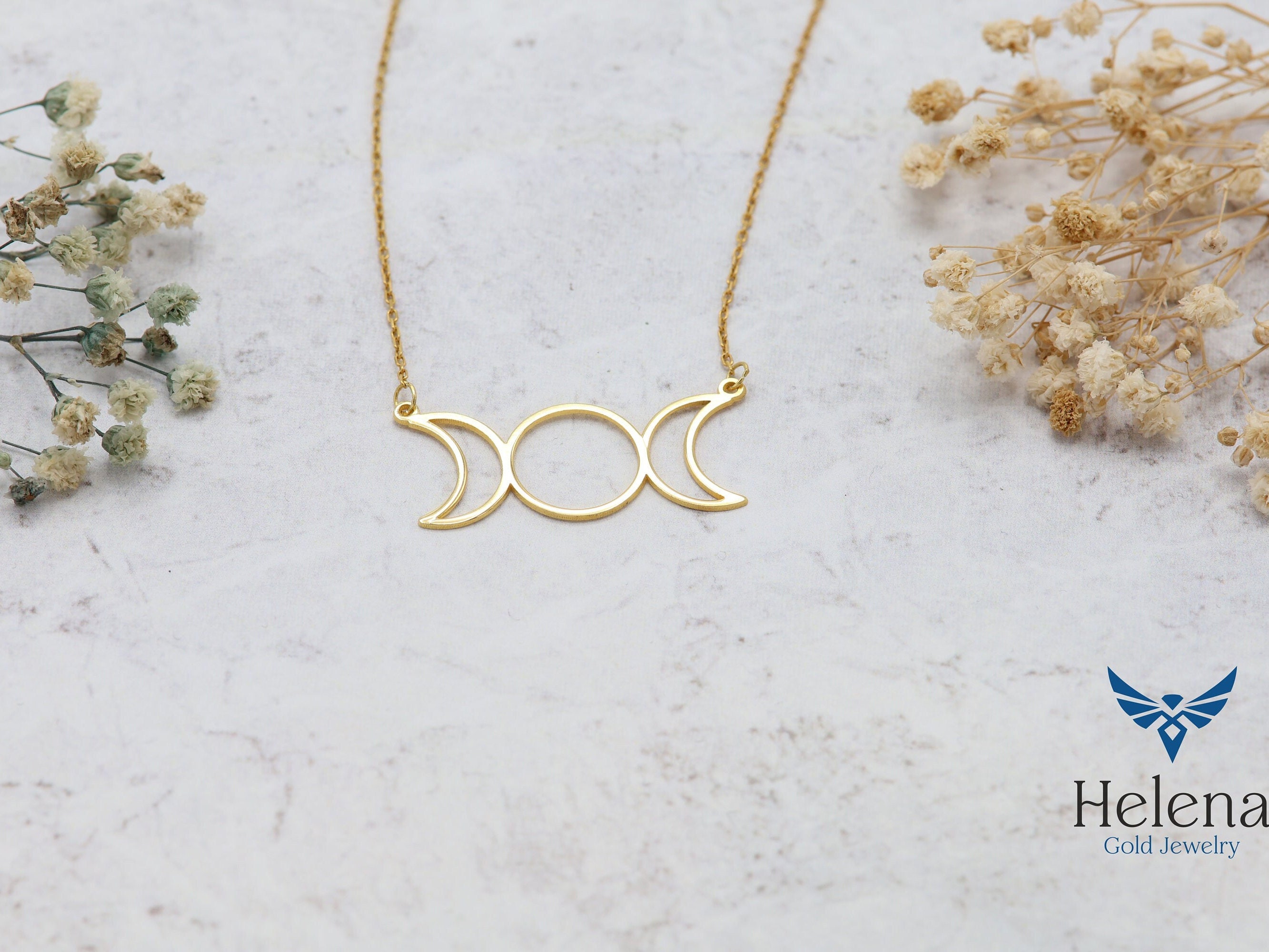 Gold Triple Moon Necklace, Triple Moon Goddess Pendant, Wiccan Jewelry ...