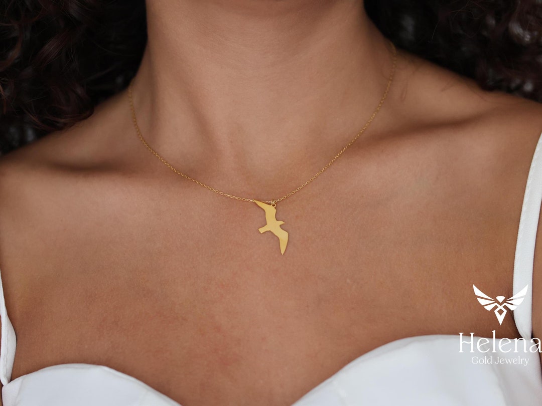 14k Gold Flying Bird Necklace, Gold Seagull Necklace, Bird Pendant ...