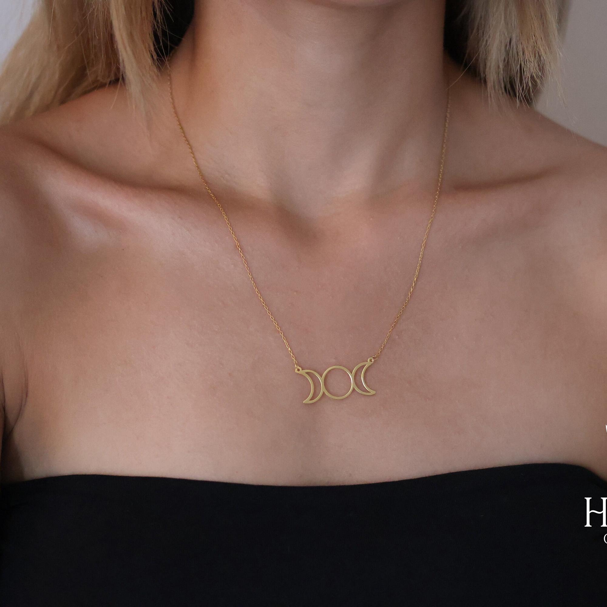 Gold Triple Moon Necklace, Triple Moon Goddess Pendant, Wiccan Jewelry ...