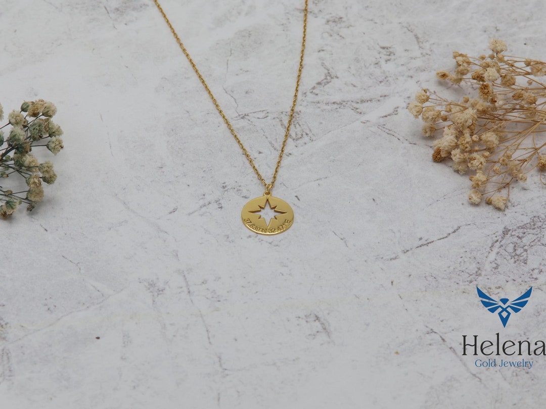 Gold Compass Necklace, 14K Gold Coordinates Disc Pendant, Personalized ...
