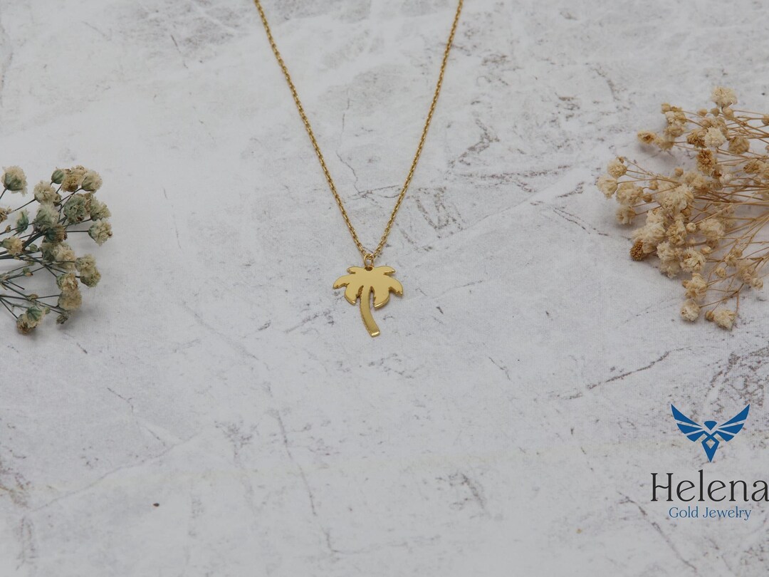 Gold Palm Tree Necklace, 14K Gold Dainty Tropical Pendant, Beach Lover ...
