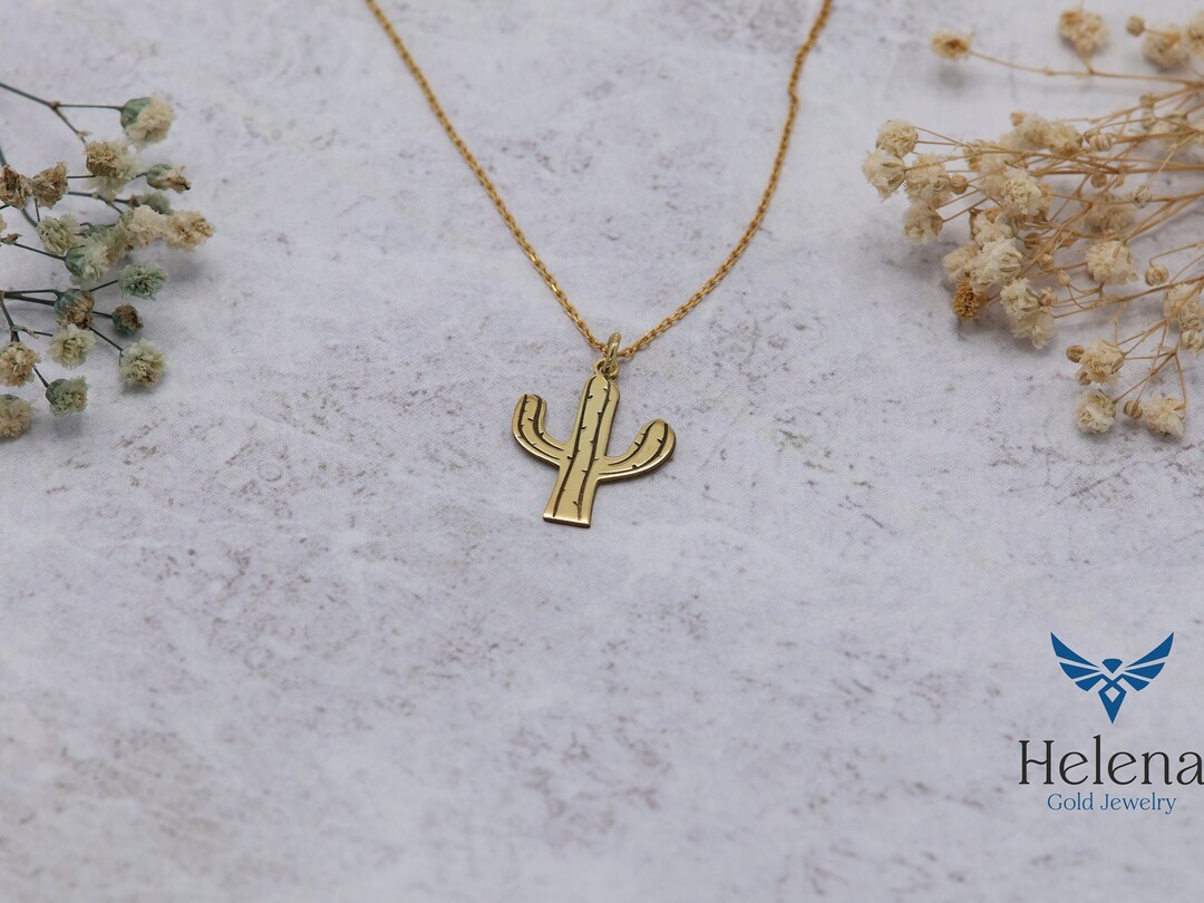 Gold Cactus Necklace, 14K Gold Desert Plant Pendant, Dainty Saguaro ...