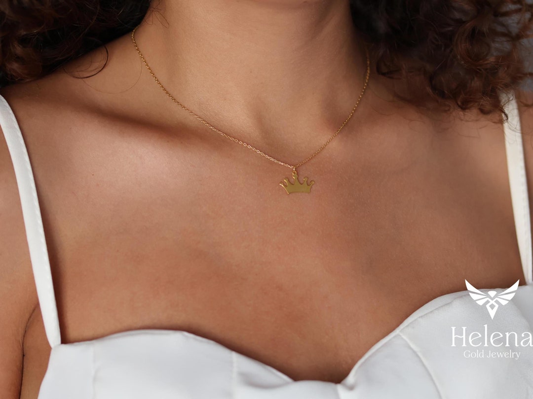 14K Gold Crown Necklace, Dainty Crown Charm Necklace, Queen Crown ...