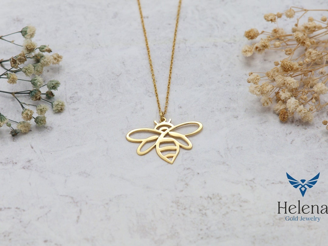 14K Gold Bee Necklace, Dainty Honeybee Pendant, Handmade Jewelry - Etsy