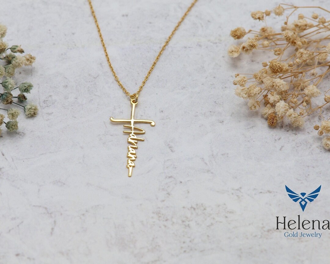 Name Cross Necklace, 14k Gold Cross Necklace, Personalized Cross ...