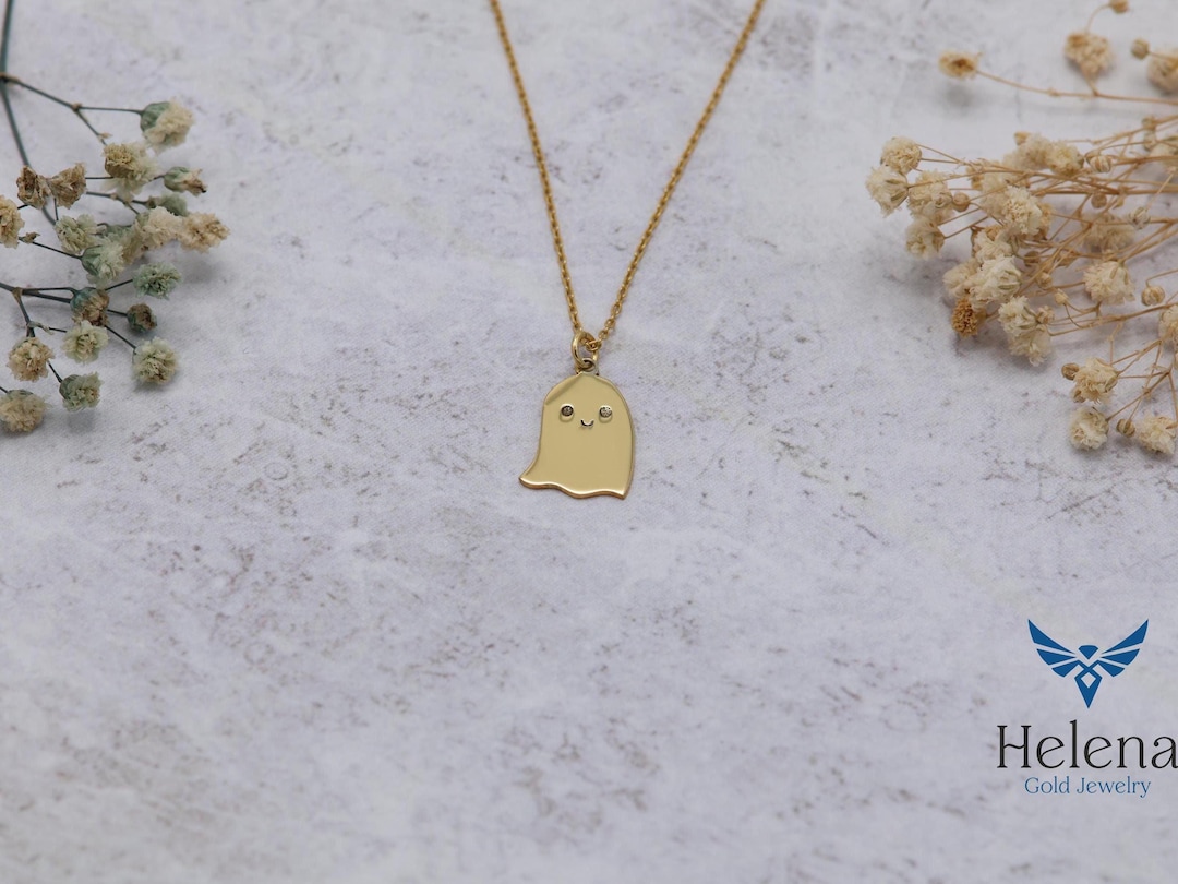 14K Gold Ghost Necklace, Handmade Halloween Charm Pendant - Etsy