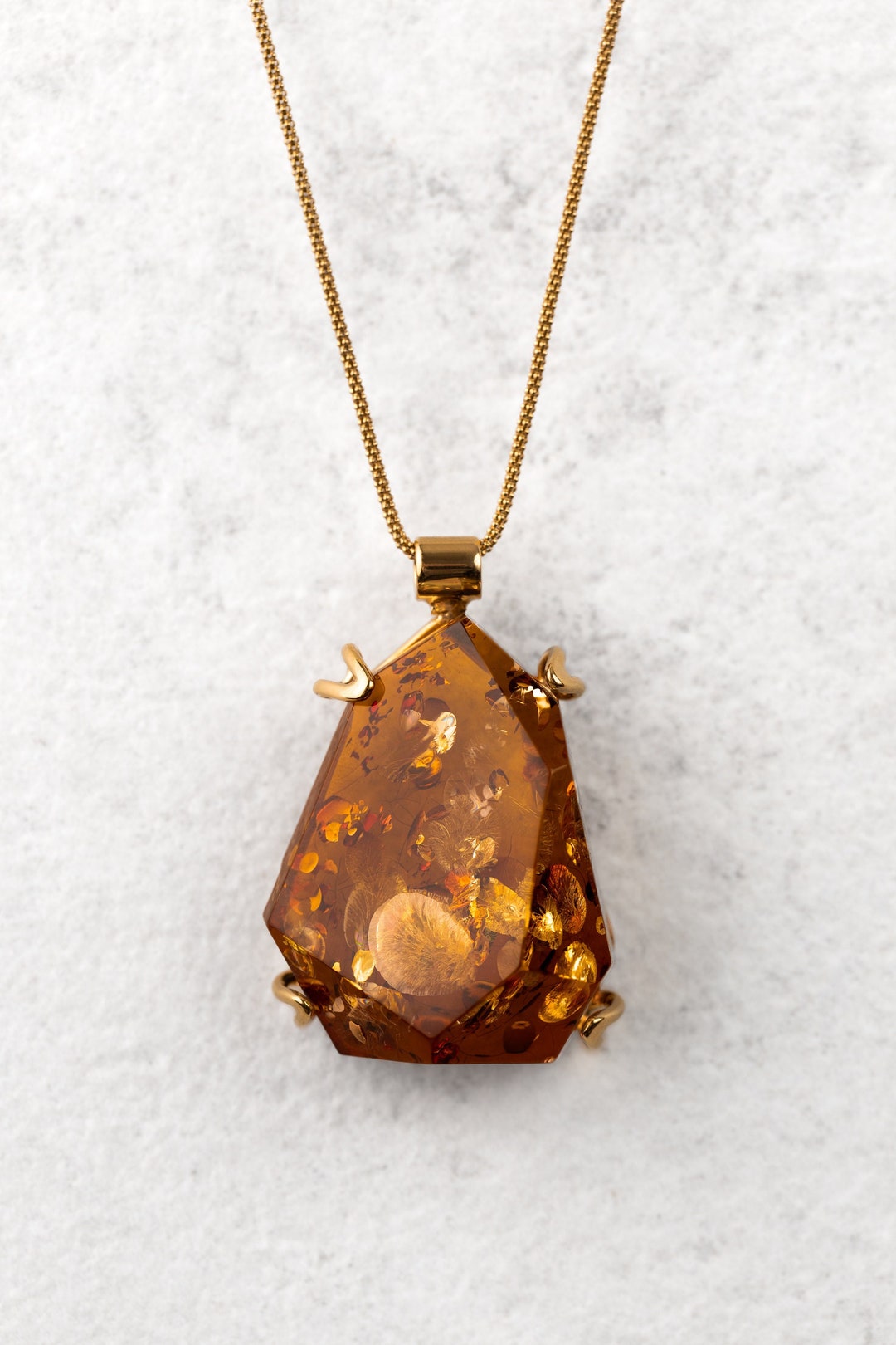 Handmade Amber Pendant, Stunning Amber Necklace, Transparent Amber Gold Vermeil, Modern Fine ...