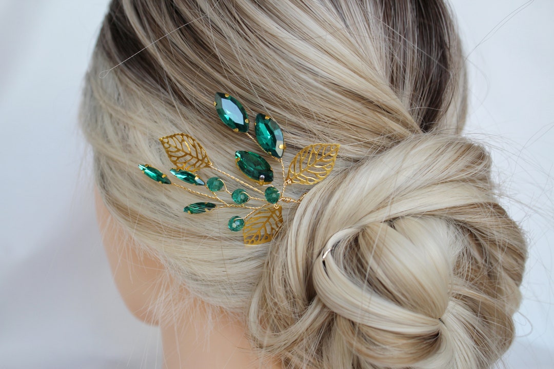 Emerald Hair Pins, Gold Wedding Hair Piece, Crystal Hair Clips, Green ...
