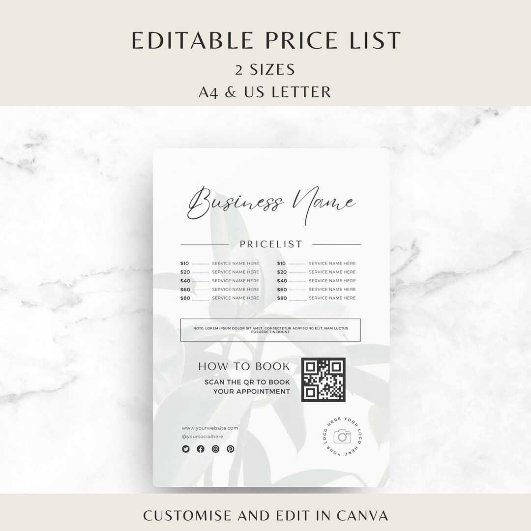 Price List Template, Pricing Template, Digital Download, Price List ...
