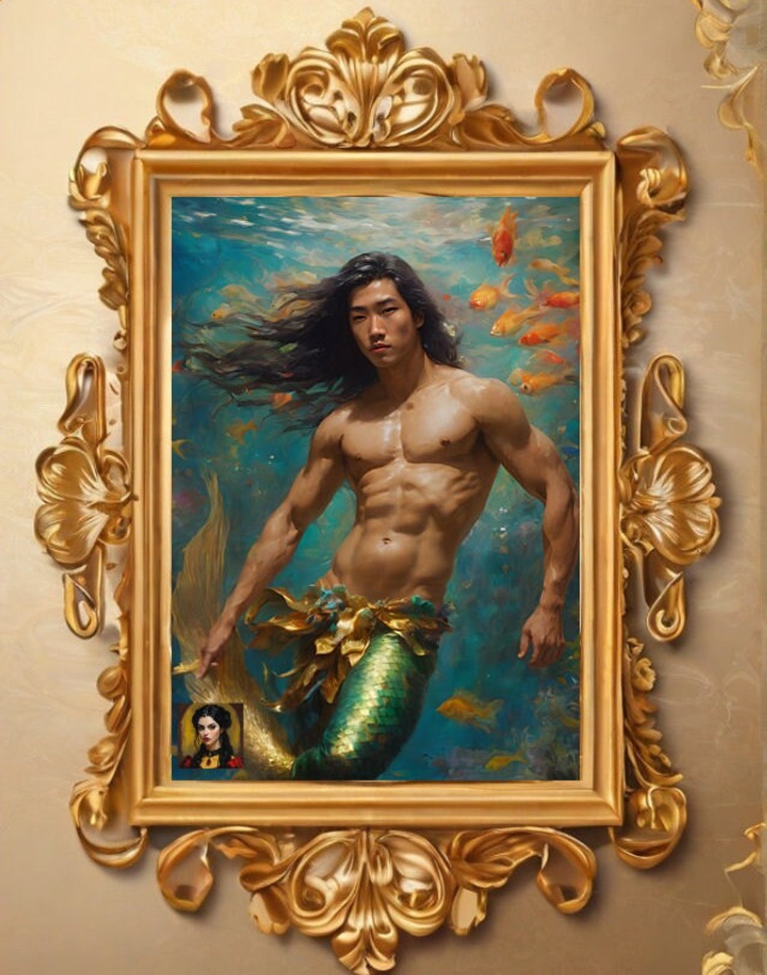 Asian Gay Mermaid Art, Asian Merman Art, Gay Oceancore Deco, Vintage Renaissance Asian Art ...