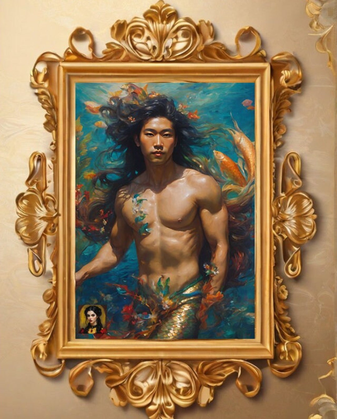 Asian Gay Mermaid Art, Asian Merman Art, Gay Oceancore Deco, Vintage Renaissance Asian Art ...
