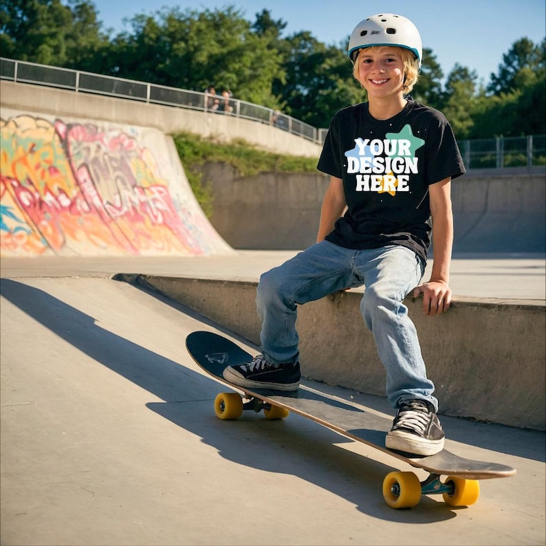 5 Skater Boy in Black T-shirt Mock Ups Bundle, New 2024 Gildan 5000b ...