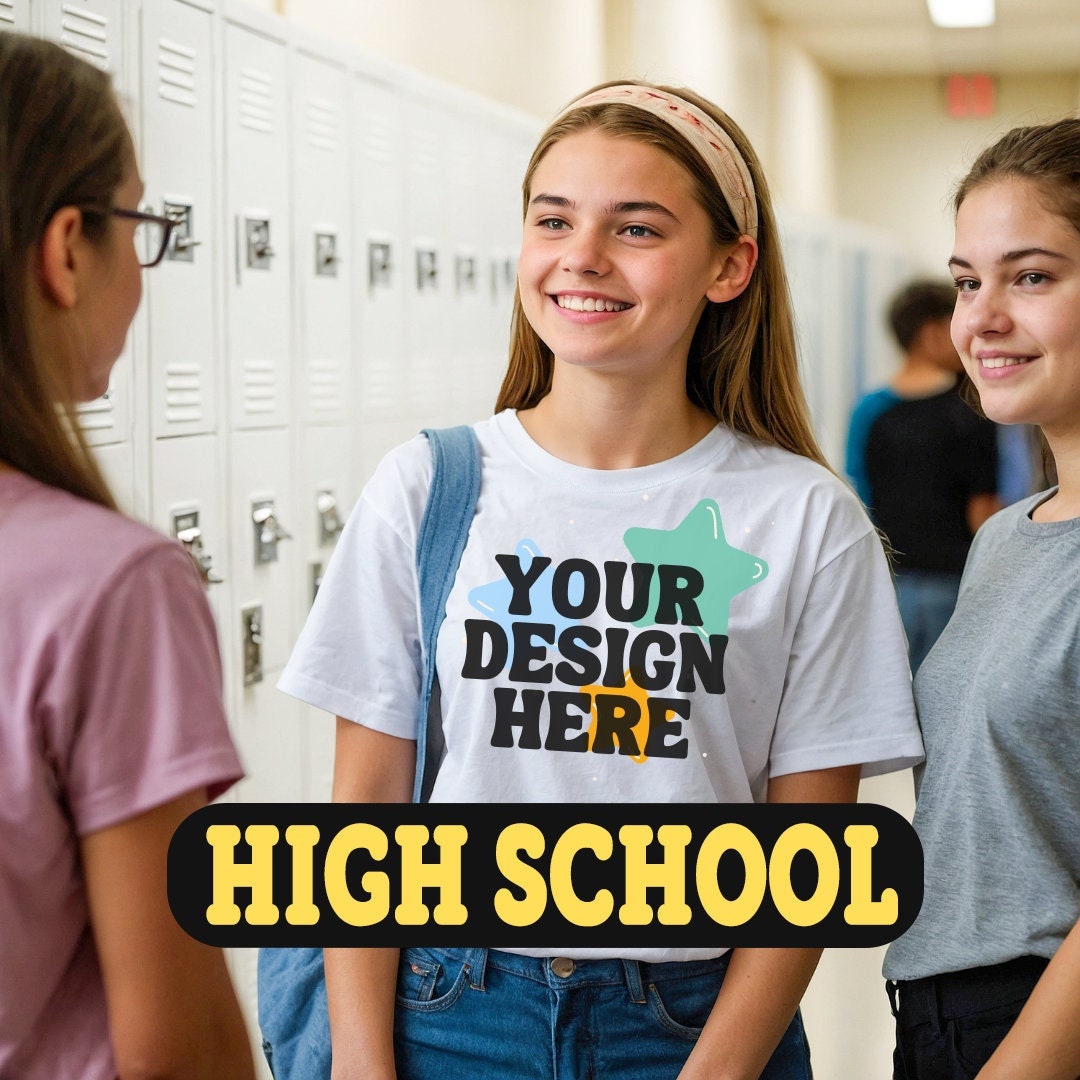 5 High School Girl White T-shirt Mock Ups Bundle New 2024 Shirt Gildan ...