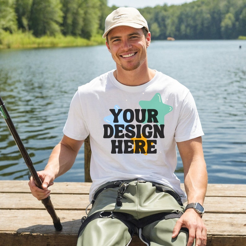 5 Gone Fishing White T-shirt Mock Ups Bundle New Shirt Gildan 5000 ...