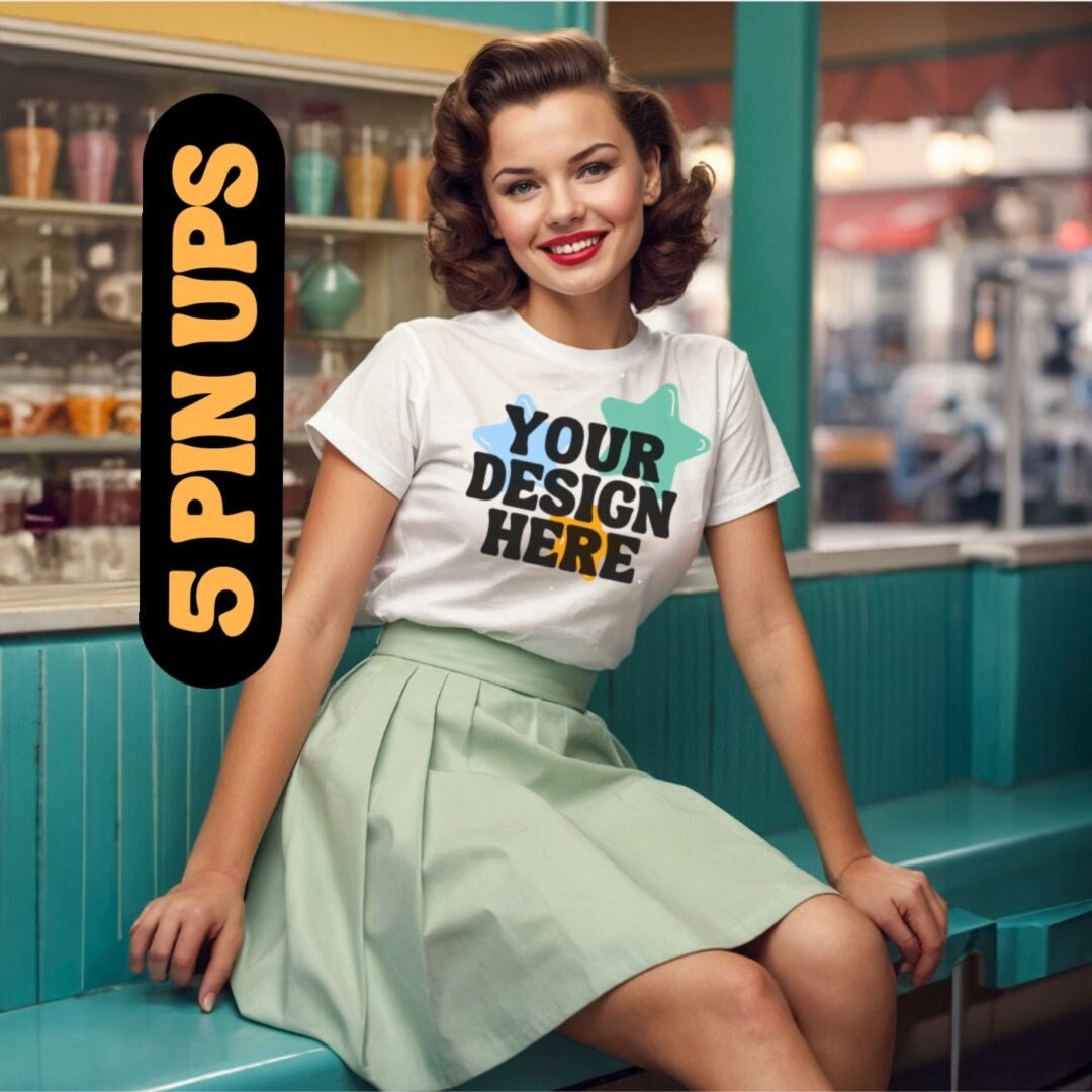 5 50s Pin up Girls in White T-shirt Mock Ups Bundle, Gildan 5000 New ...