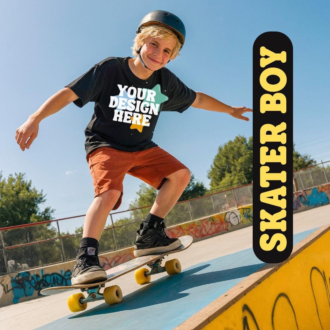 5 Skater Boy in Black T-shirt Mock Ups Bundle, New 2024 Gildan 5000b ...