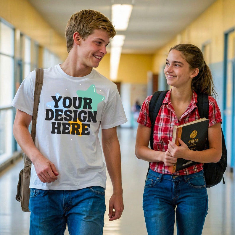 5 High School Boy White T-shirt Mock Ups Bundle New Shirt Gildan Bella ...