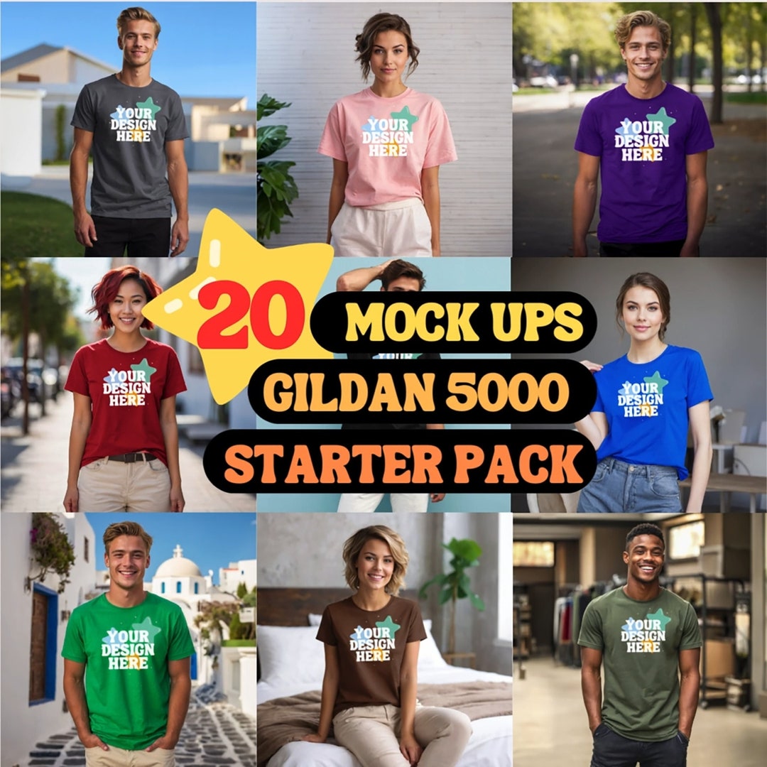 Gildan 5000 Starter Pack, 14 Colors Bundle of 20 T-shirt Mock Ups, New ...