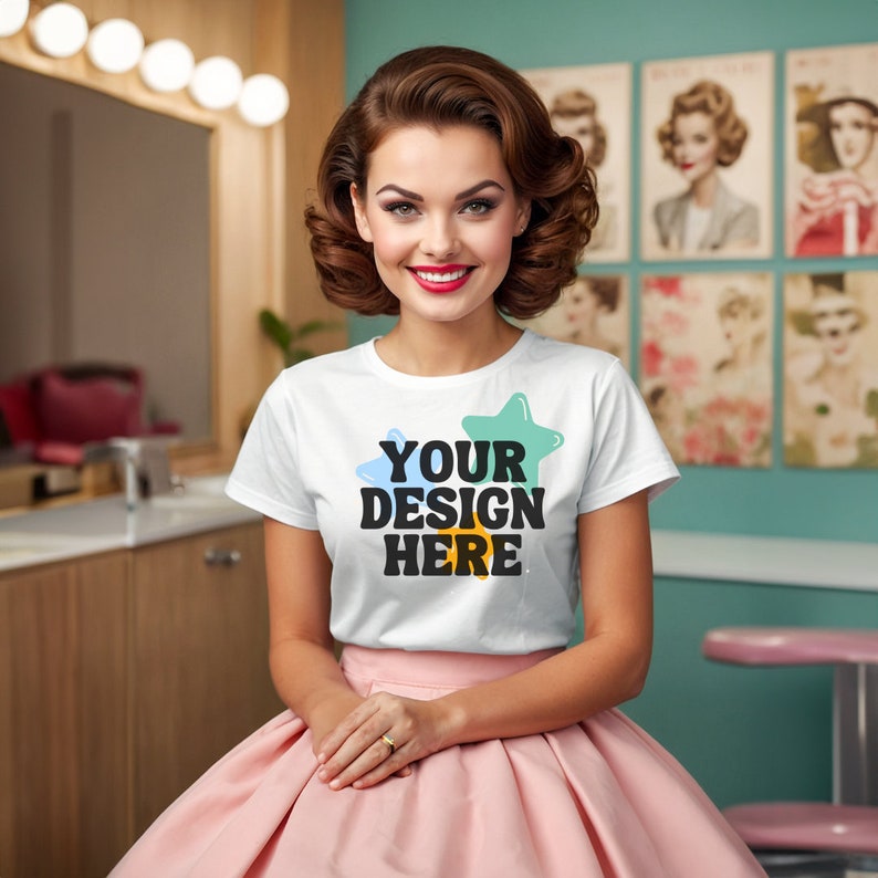 5 50s Pin up Girls in White T-shirt Mock Ups Bundle, Gildan 5000 New ...