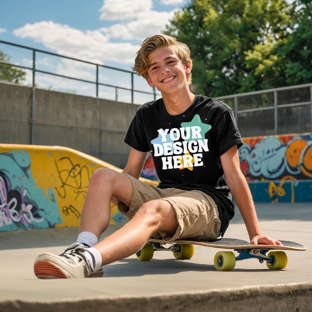 5 Skater Boy in Black T-shirt Mock Ups Bundle, New 2024 Gildan 5000b ...