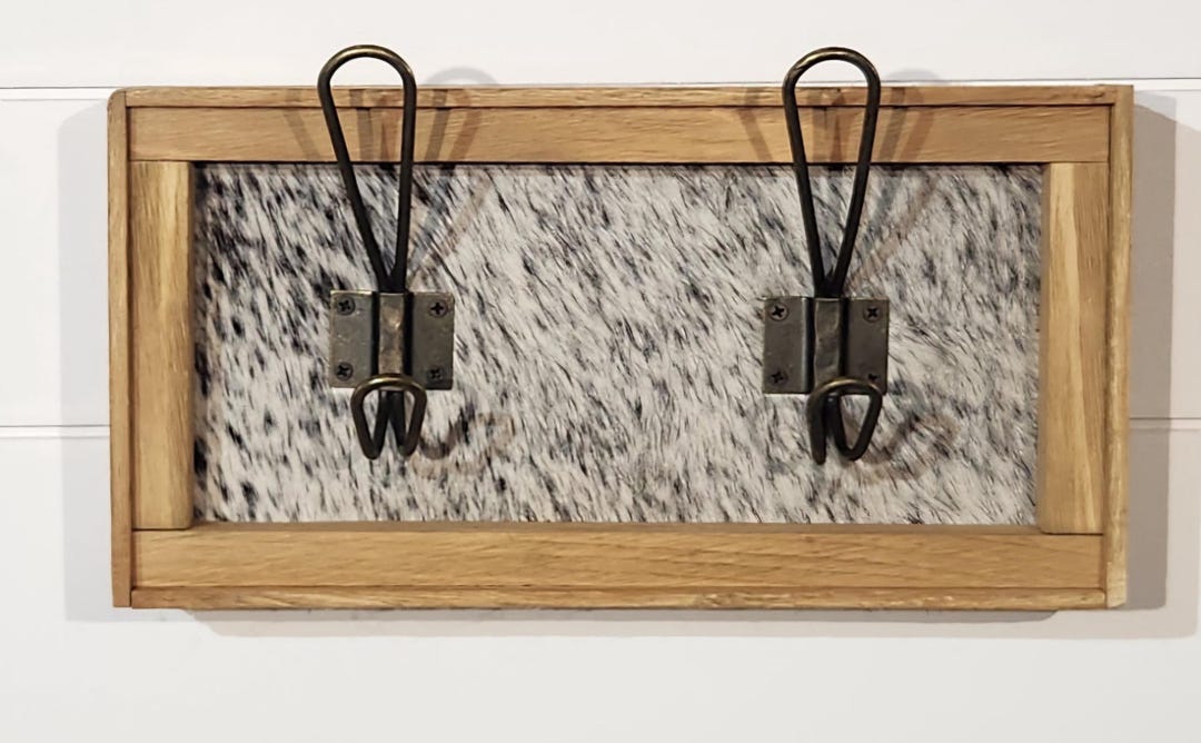 12" Cowhide & Reclaimed Wood Hat/coat Rack With 2 Antique Brass Hooks ...