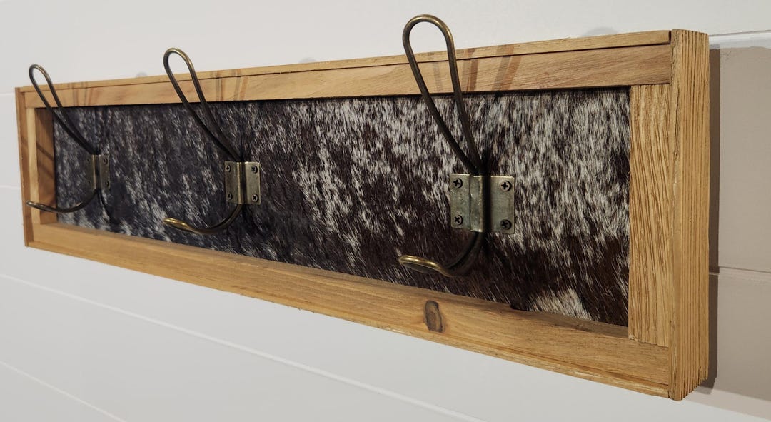 24" Cowhide & Reclaimed Wood Hat/coat Rack With 3 Antique Brass Hooks ...