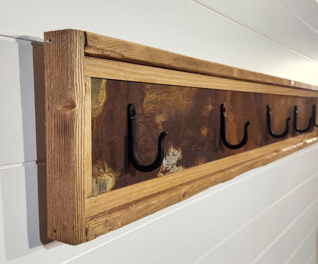 48" Rustic Rusty Tin & Reclaimed Wood Hat Rack With 5 Cast Iron Hooks ...